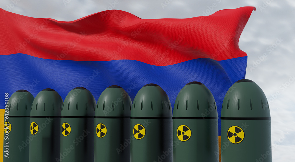Nuclear missiles and Armenia flag in background. Missiles with warheads ...