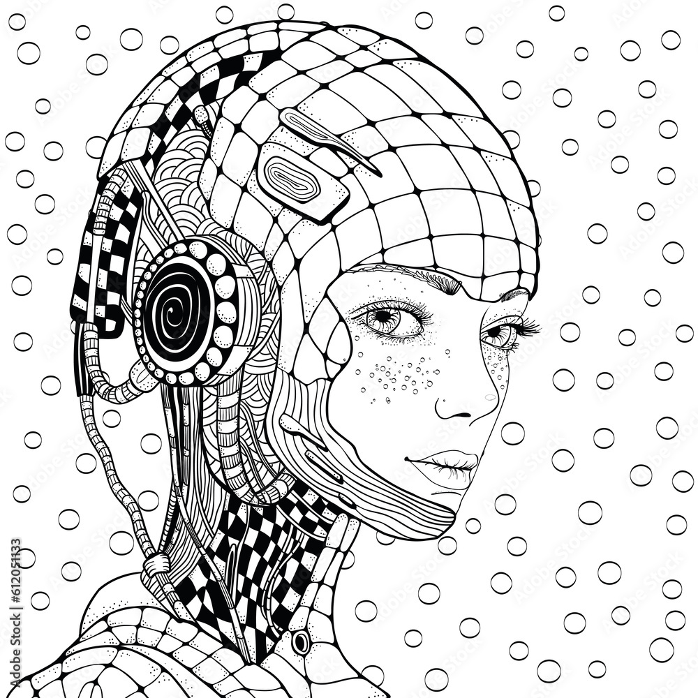 Cute robot girl. Zentangle background. Black and white doodle coloring ...
