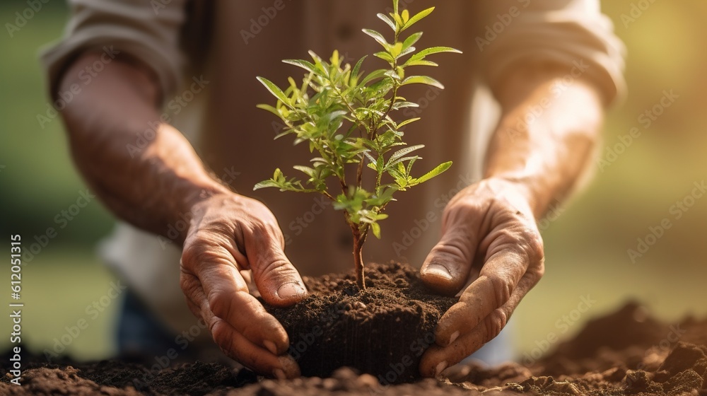 A man plants trees in a square in a community garden, promoting local ...