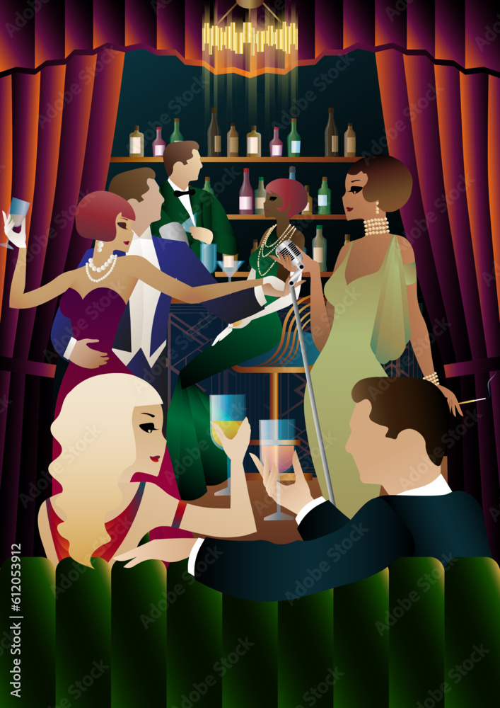 night club with singer on stage and people dance and drink alcohol ...