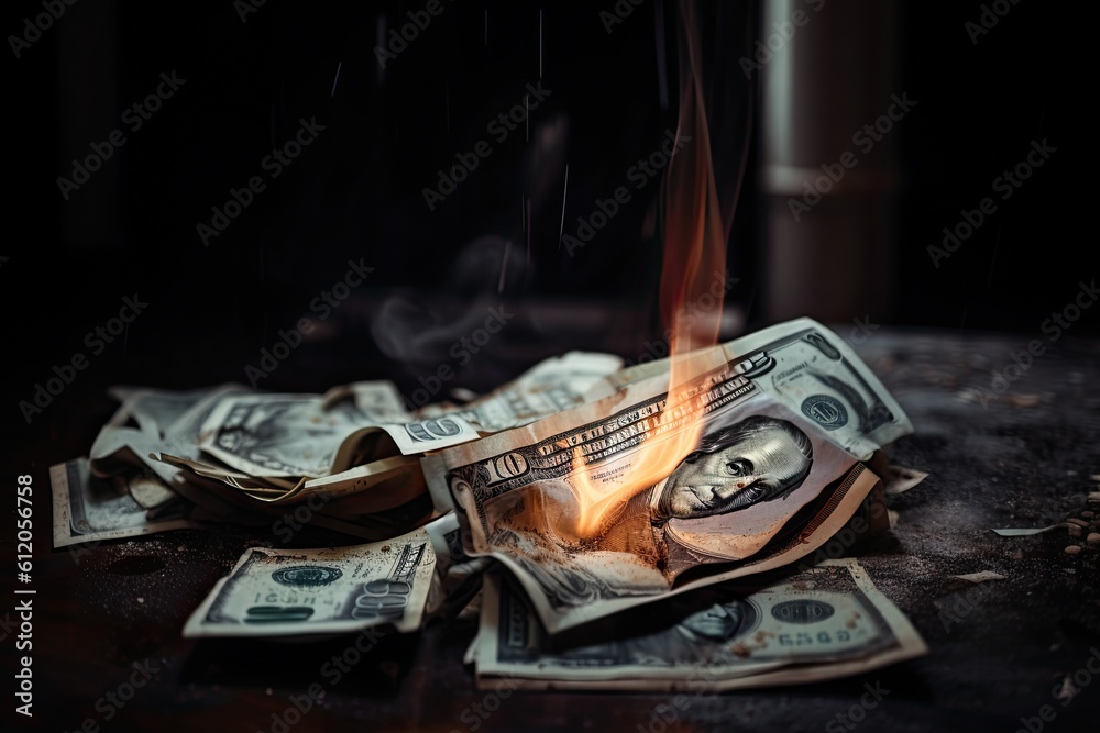 Burning dollar banknotes on dark background. Concept of money burning ...