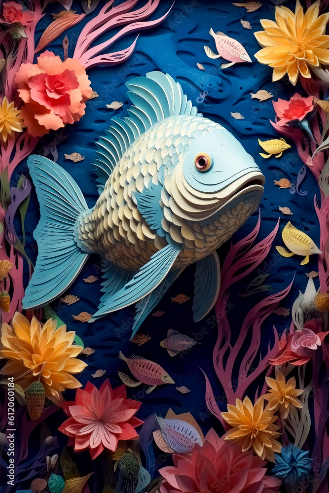 a layered paper coelacanth in a coral grotto, vintage manuscript ...