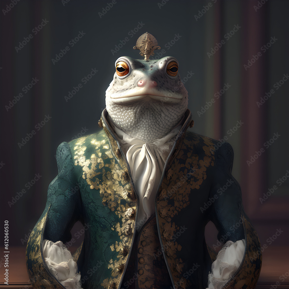Realistic lifelike frog toad in renaissance regal medieval noble royal ...