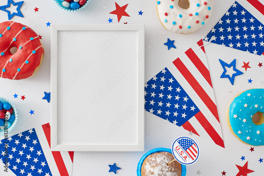 Dessert-centered festivity on July 4th theme. Top view flat lay of ...