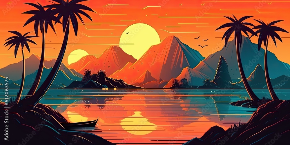 disco style party comics illustration of bright orange sunset on the ...