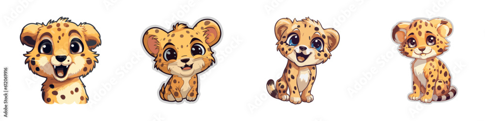Cute cartoon cheetah icon set on white background. Vector illustration ...