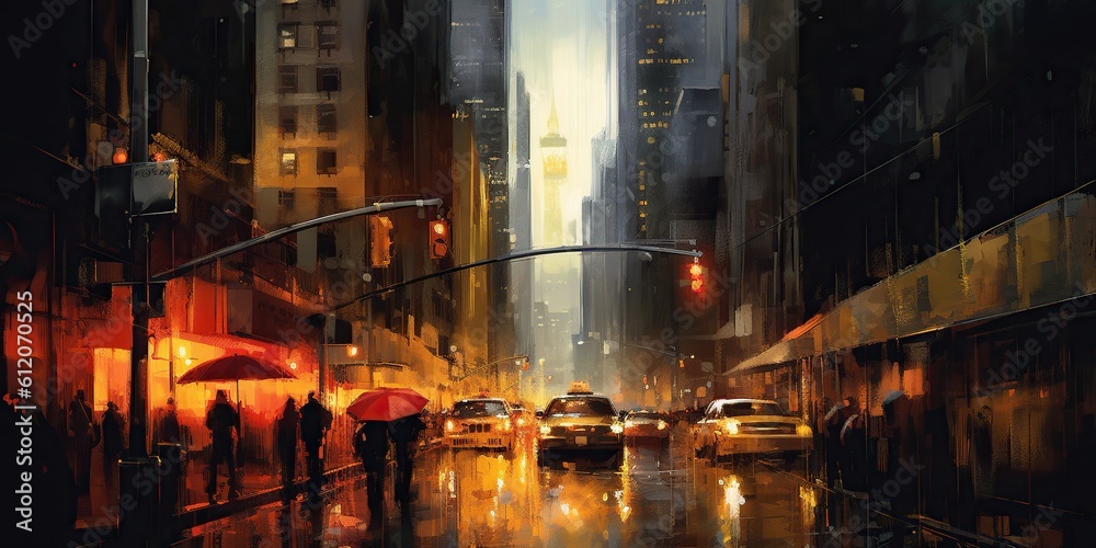 New York City at night, street art with taxi, a watercolor painting ...