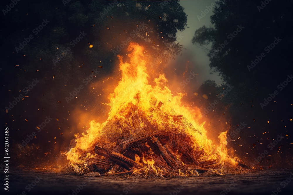 A blazing bonfire ignites a towering inferno of sparks and flames ...