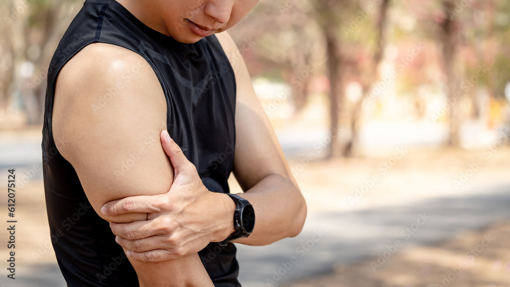Bicep tendonitis or front arm muscle inflammation. Asian athlete man ...