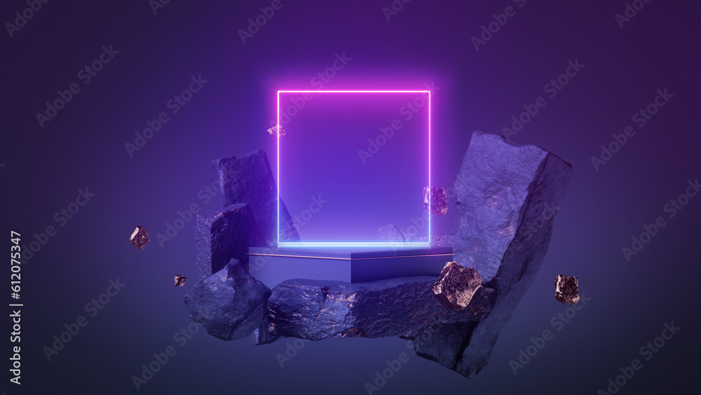 3d render, abstract neon background. Glowing square frame and rock ...