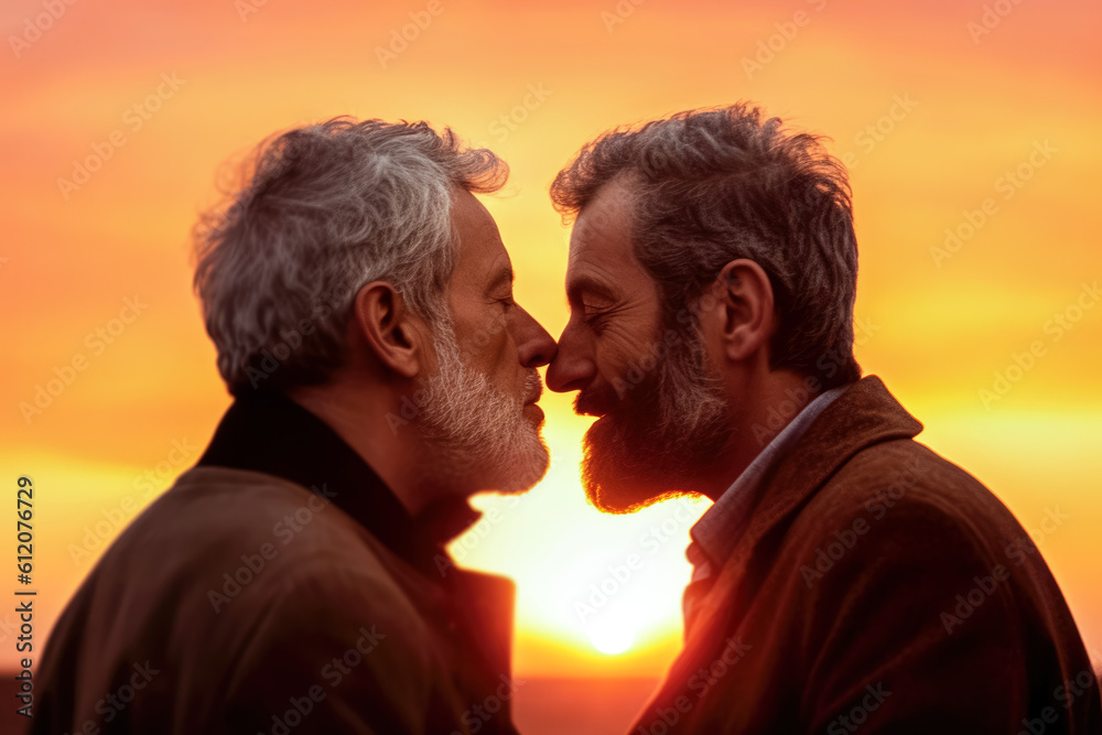 Two older men, gay couple kissing at sunset, closeup detail to faces, orange sky behind them ...