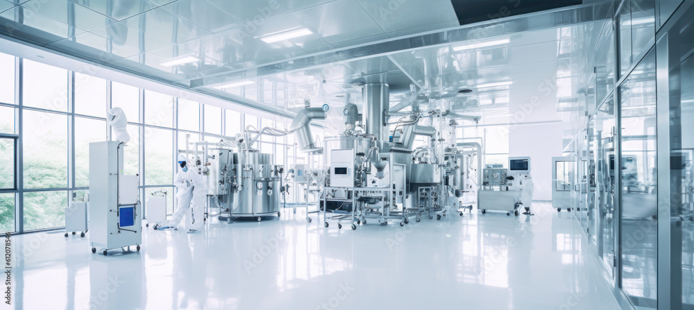 Large brightly lit hall with metal tanks and lab equipment - inside of ...