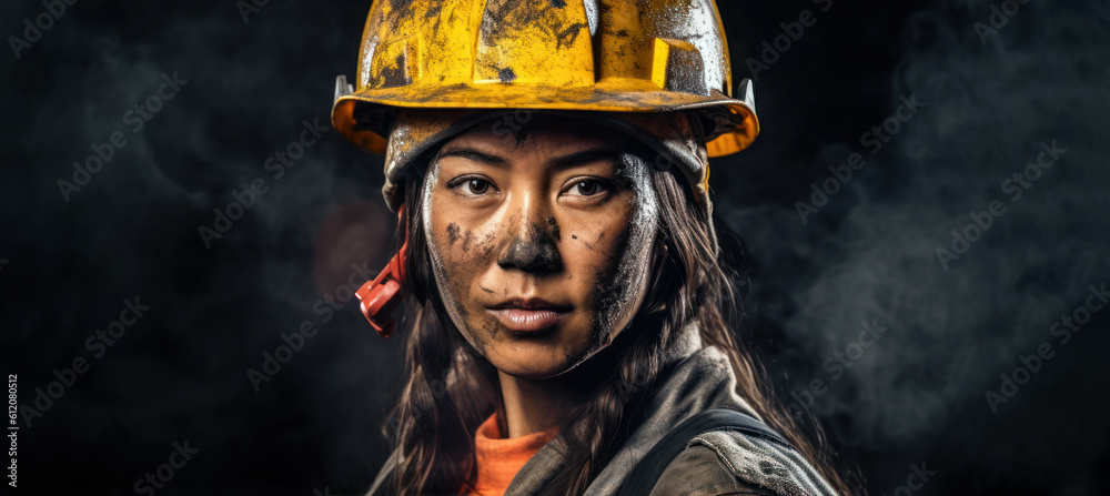 Young Asian woman face dirty, helmet on her head, dark background to ...