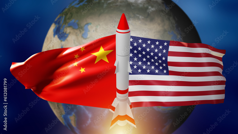 USA vs China. Military missiles in space. State flags. Arms race ...
