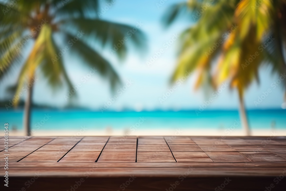 boke wooden table view beach palm trees soft focus blur sun lounger box top down particles ...
