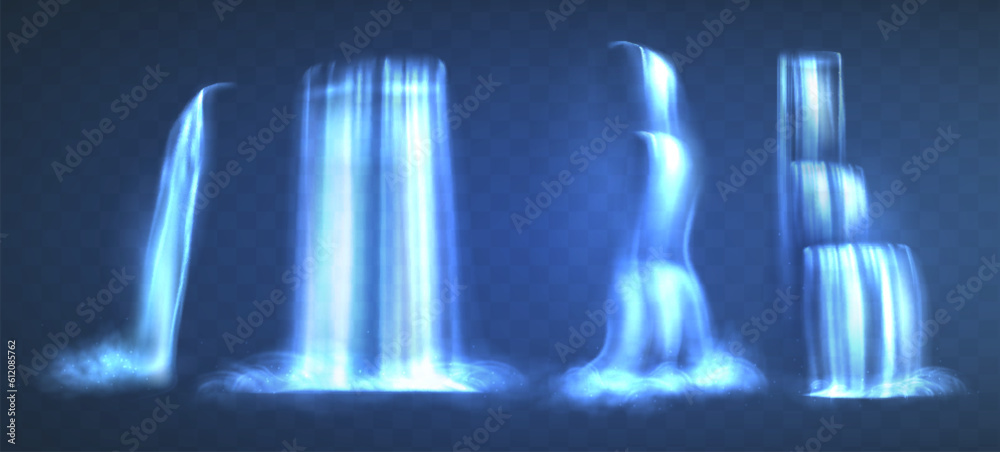 Vector realistic set of waterfalls isolated on blue background. Water ...