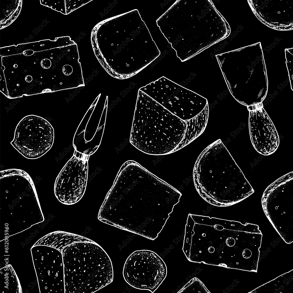 Cheese seamless pattern. Hand drawn vector illustration. Vintage food ...