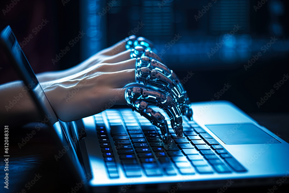 Robot hands come out from laptop computer screen and control the computer. Remote Access ...