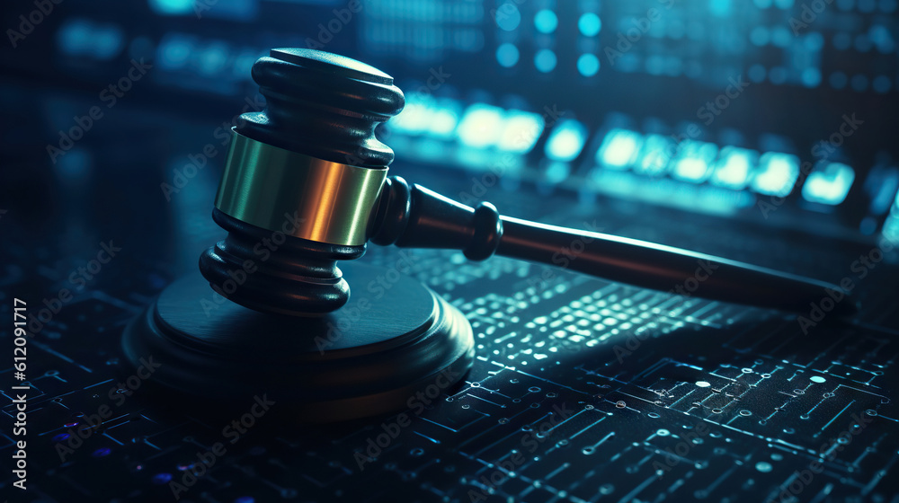 Judge gavel on background of data center. Digital law concept of ...