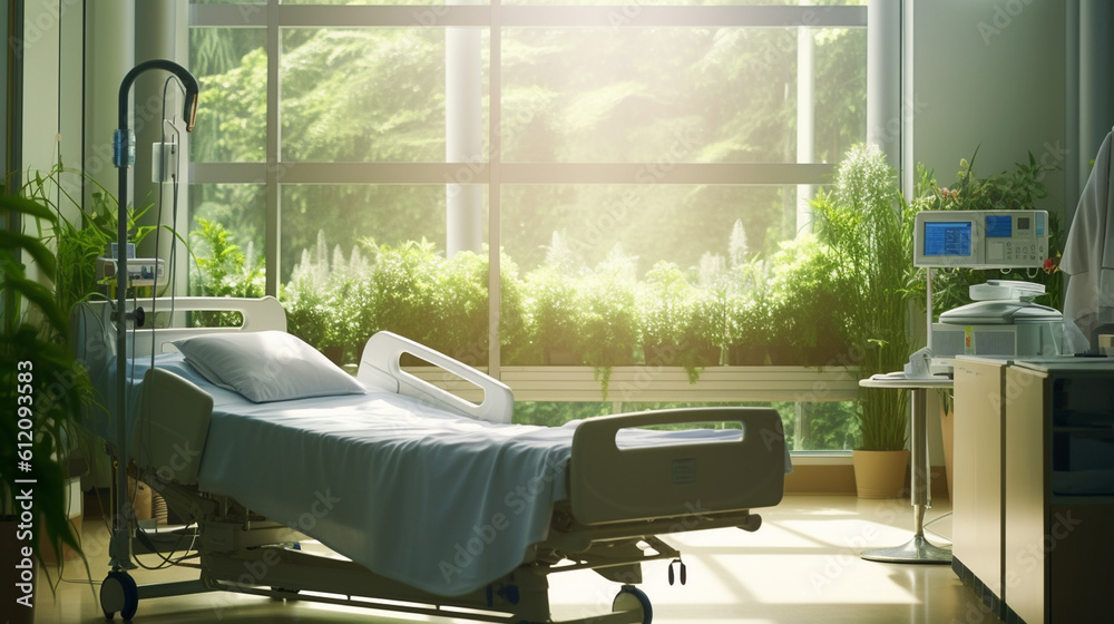 a hospital bed in a hospital room, modern medical devices, hospital and ...