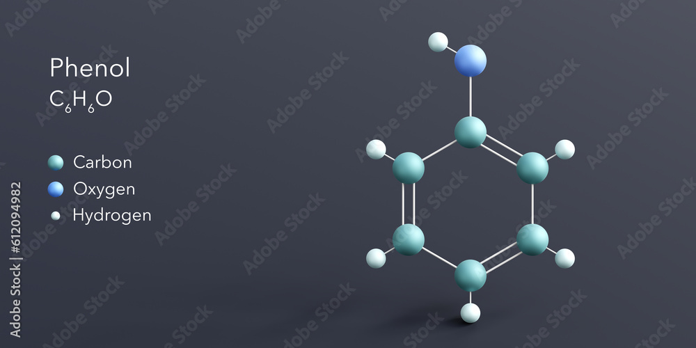 phenol molecule 3d rendering, flat molecular structure with chemical ...