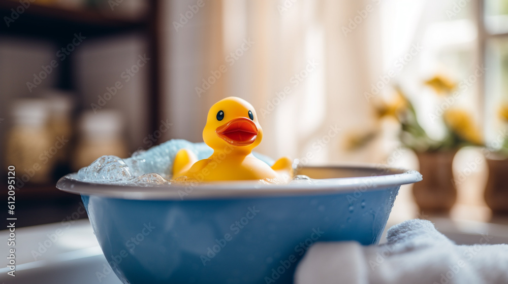 yellow rubber ducky in bath water in baby bath tub, rubber ducky Stock ...
