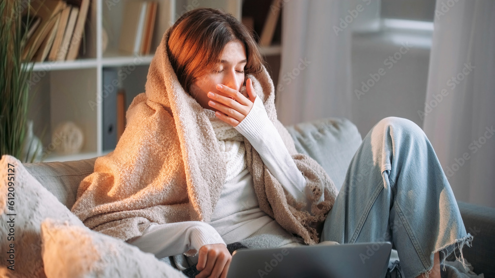 Flu job. Remote sick work. Catching cold woman wrapped in plaid sitting ...