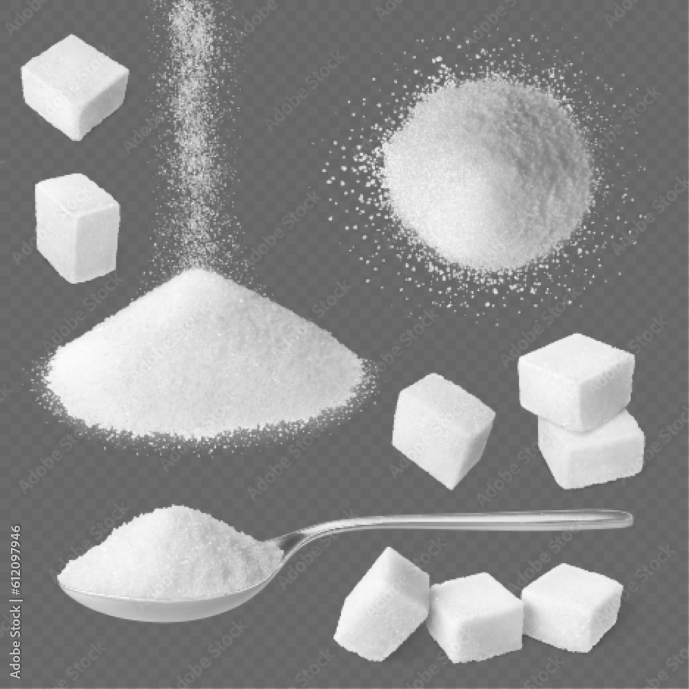 Realistic white sugar, heap salt and sugar in metallic spoon. Sugaring ...