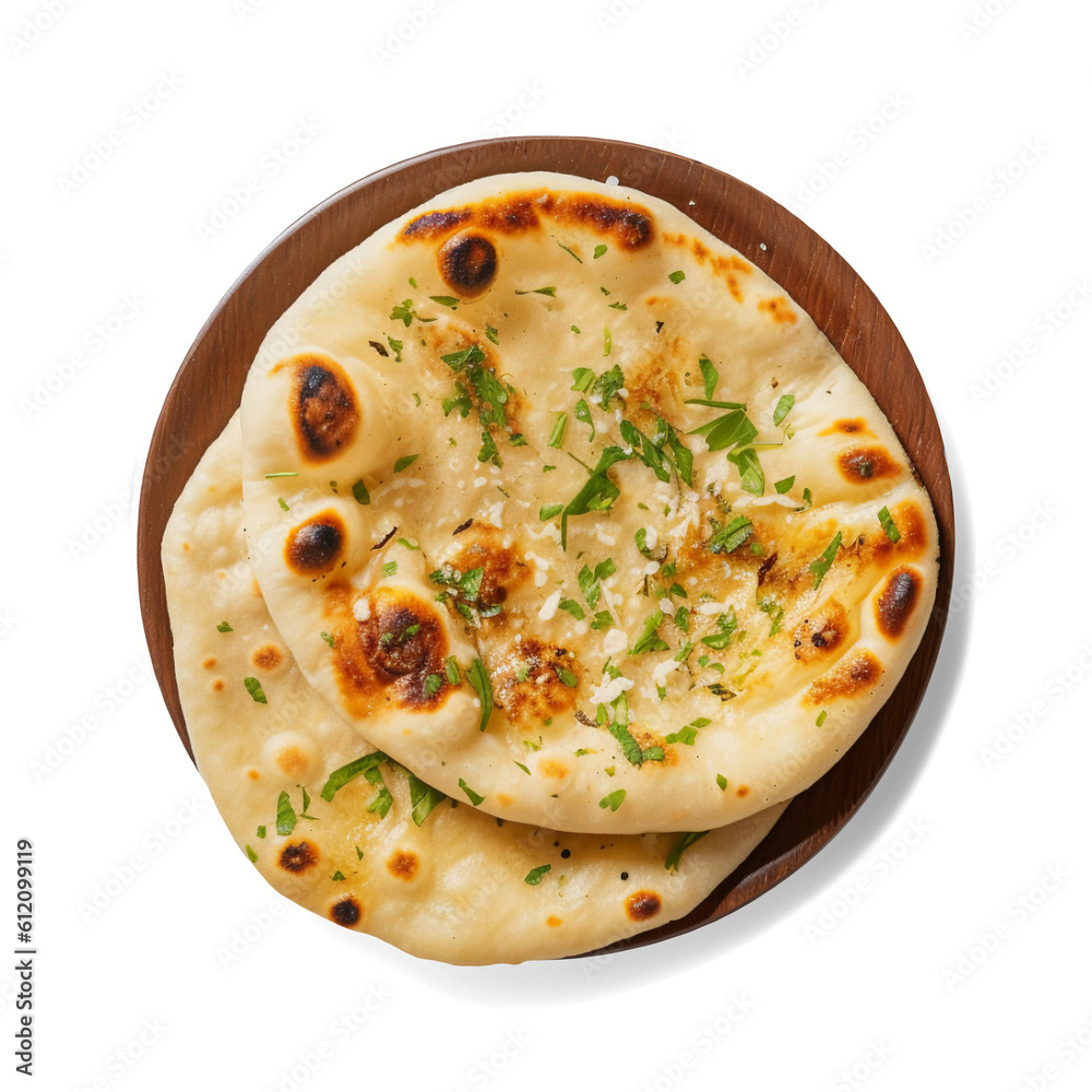 Indian naan bread with garlic and butter isolated on transparent or ...