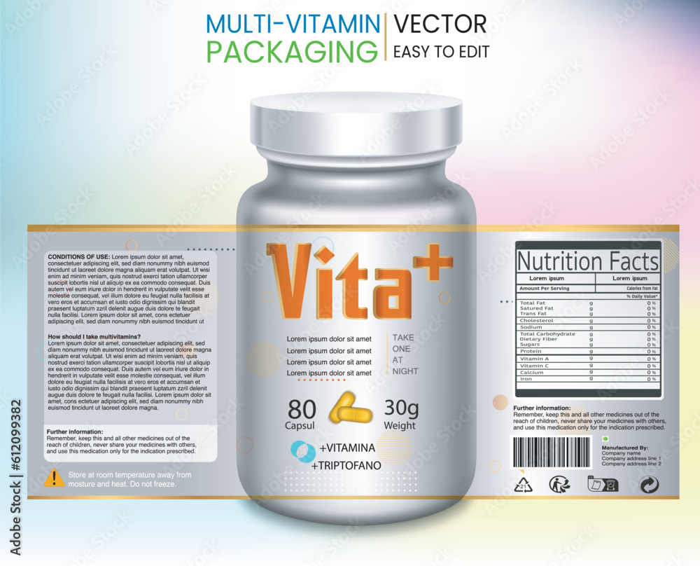Multivitamin Label, Vitamin pack, Supplement labels, Vector bottle ...