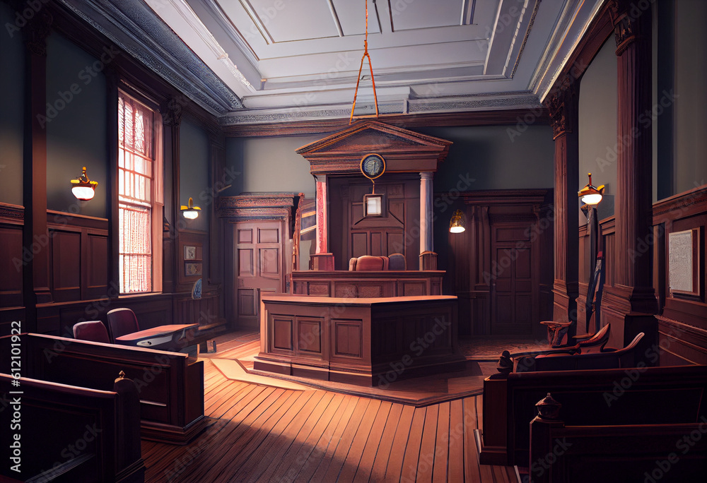 Realistic image of the interior of the courthouse. Wooden courtroom. AI ...