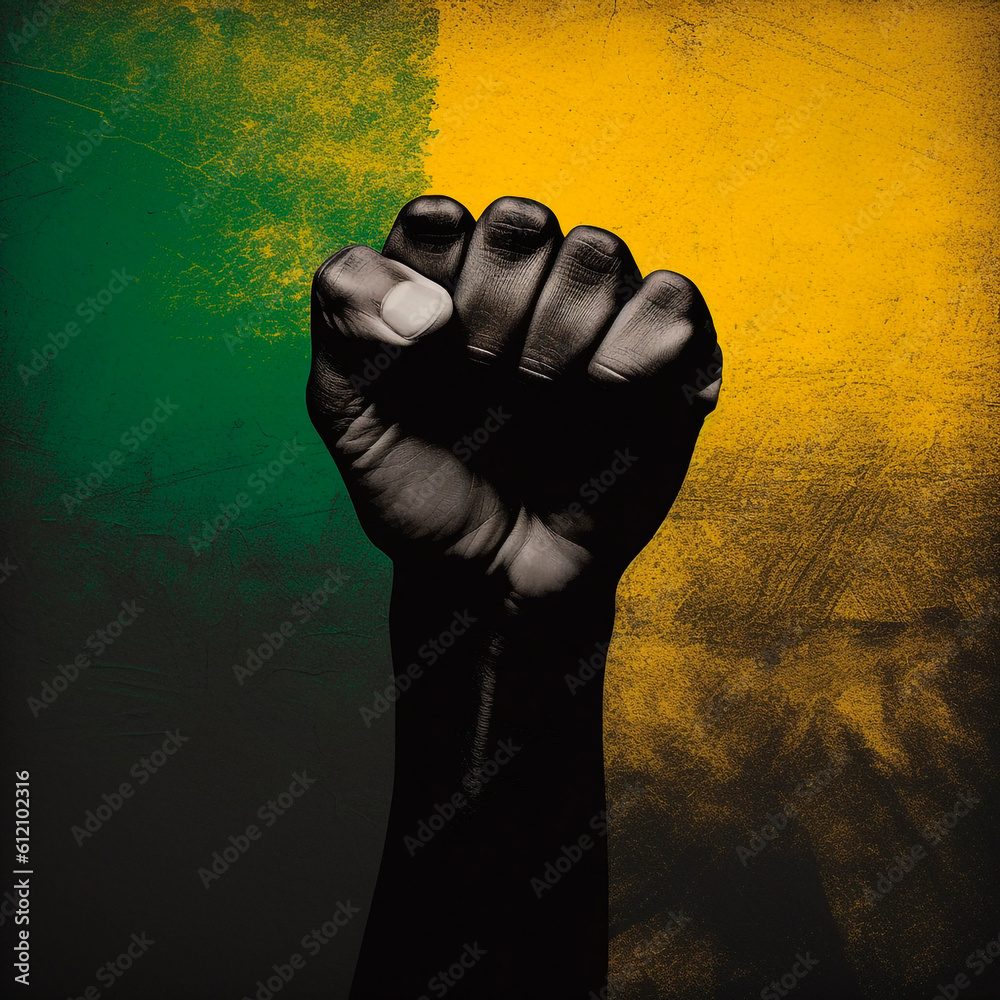 Photograph of a black fist with the vibrant colors of Brazil. With a ...