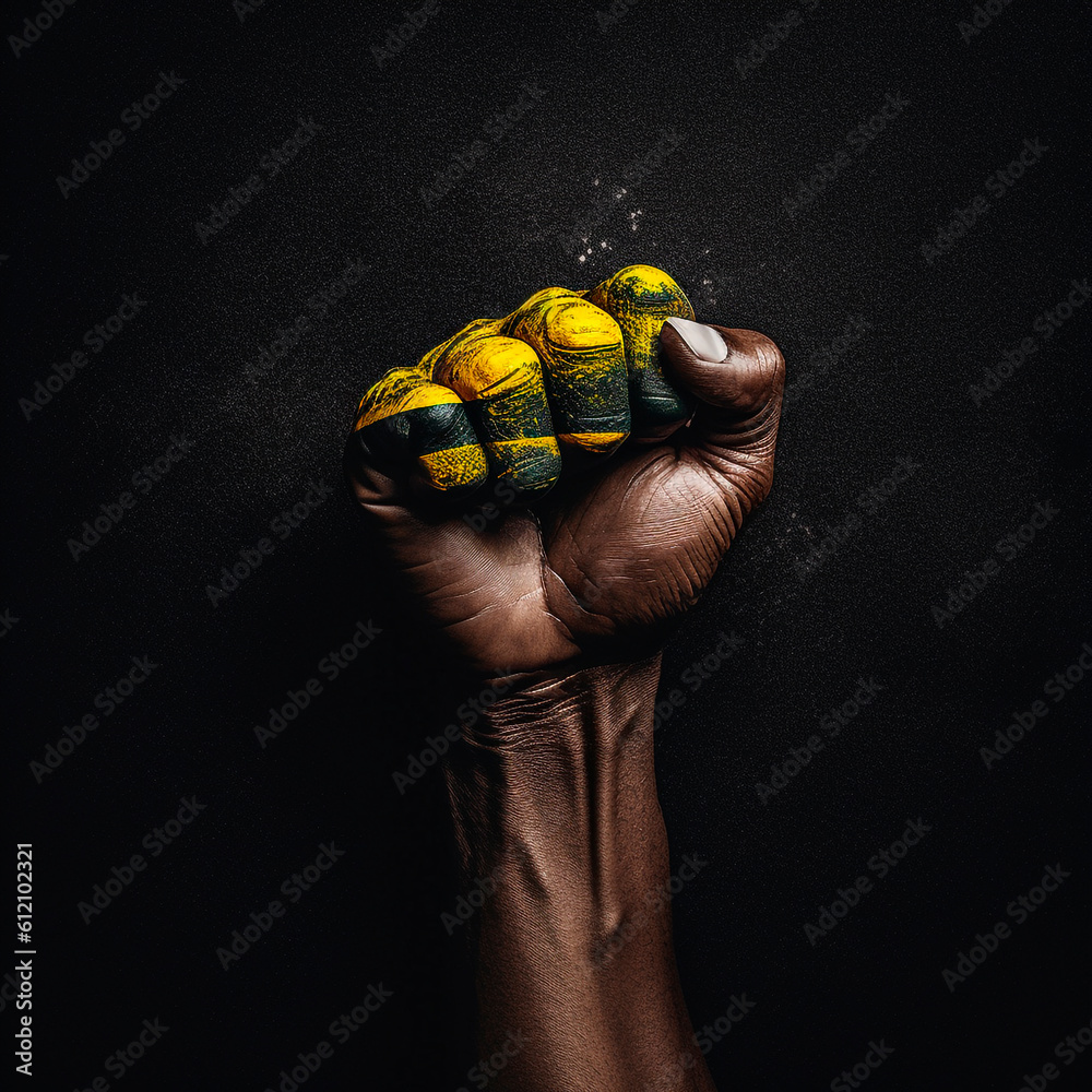 Photograph of a black fist with the vibrant colors of Brazil. With a ...