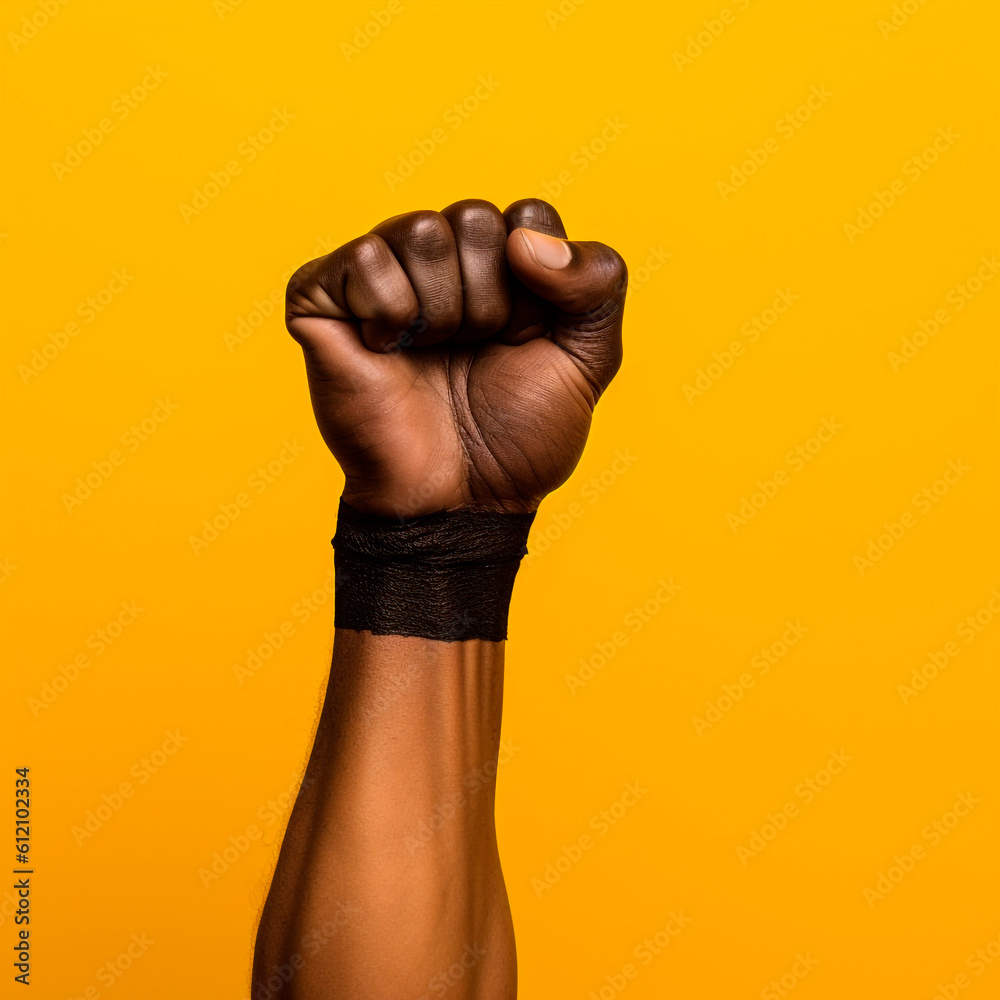 Photograph of a black fist with the vibrant colors of Brazil. With a ...