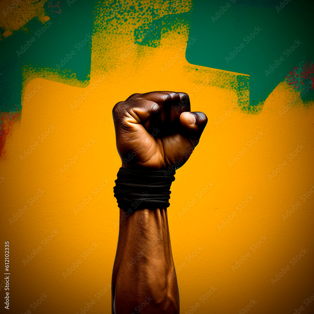 Photograph of a black fist with the vibrant colors of Brazil. With a ...