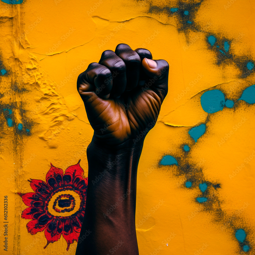 Photograph of a black fist with the vibrant colors of Brazil. With a ...