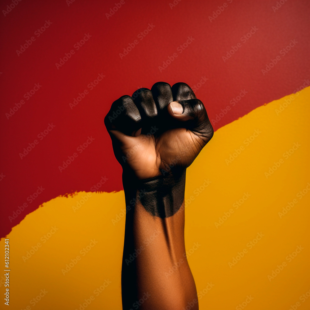 Photograph of a black fist with the vibrant colors of Brazil. With a ...
