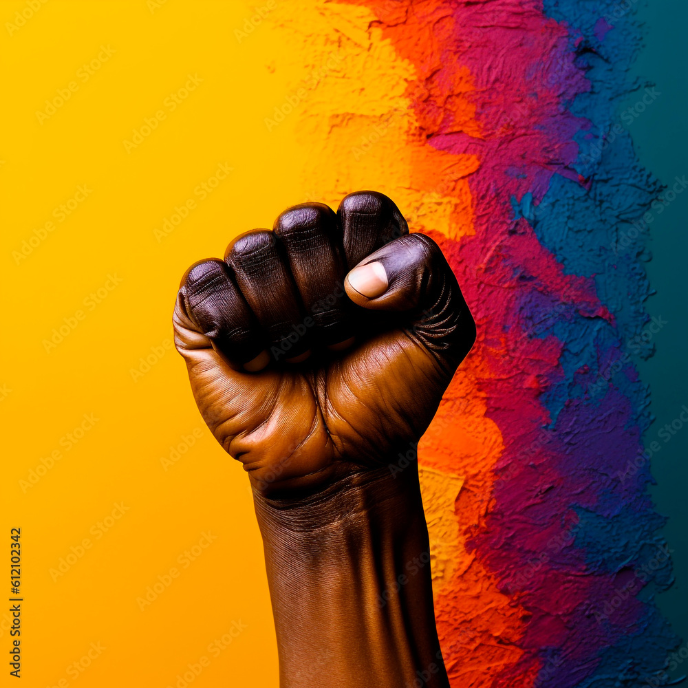 Photograph of a black fist with the vibrant colors of Brazil. With a ...