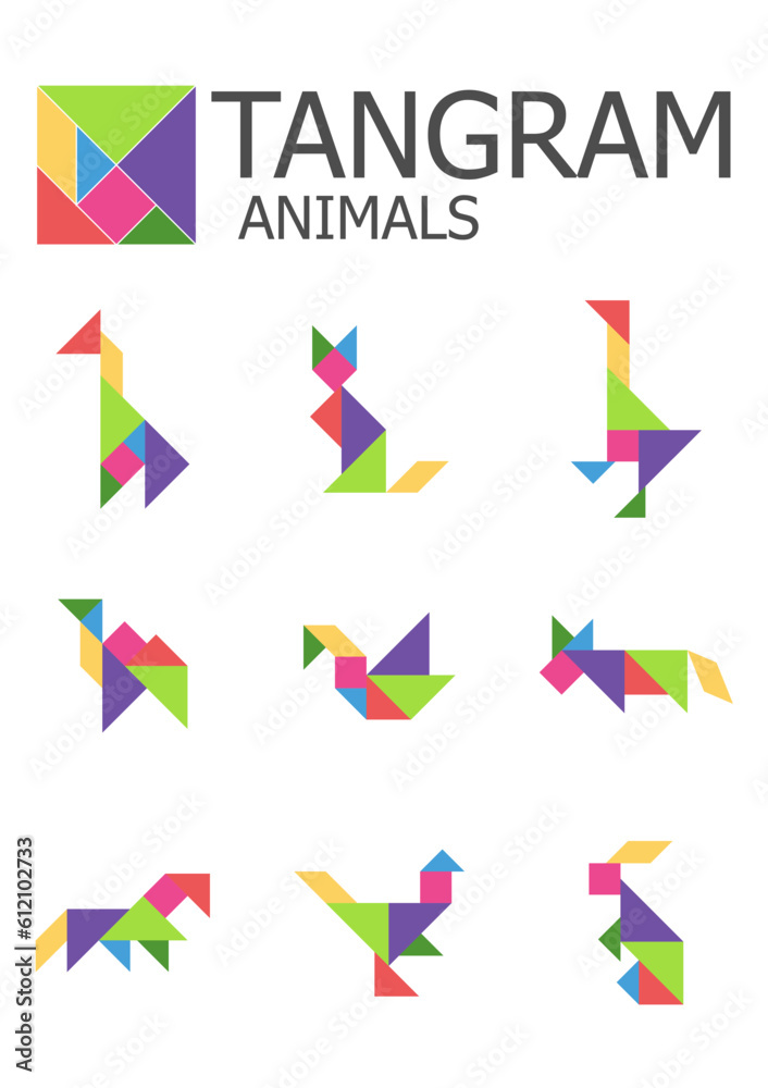 Tangram animals Set. Set of vector tangram puzzles (geometric puzzle ...
