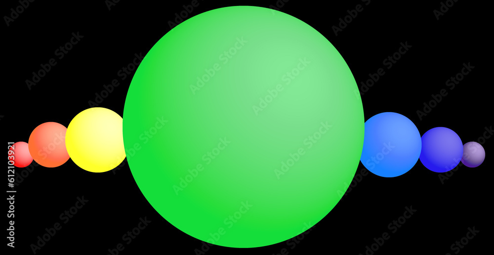 Seven 3D spheres (balls) of different colors with big green one in the ...