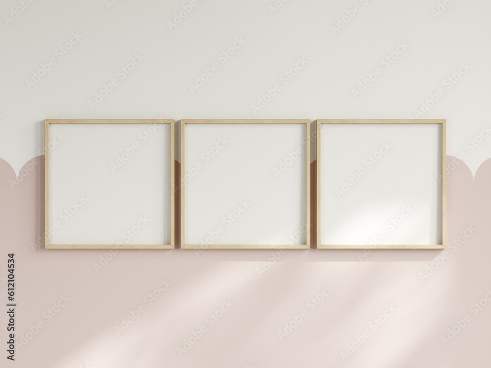 three square frames on the wall, girl room interior frame mockup, print ...