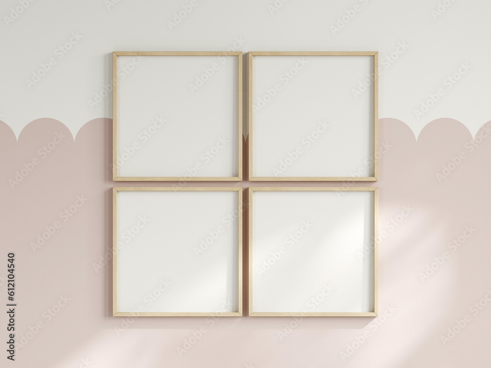 four square frames on the wall, girl room interior frame mockup, print ...