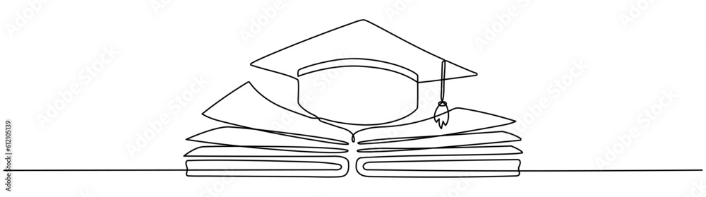 Graduation hat and open book continuous line drawing. Education linear ...