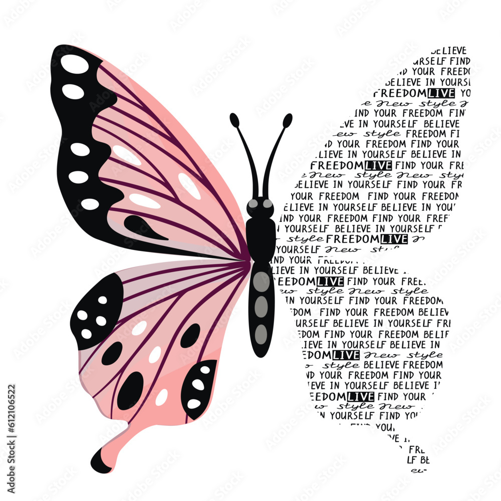 Colorful butterfly with wings.Half wings in pink colors with black.Part ...