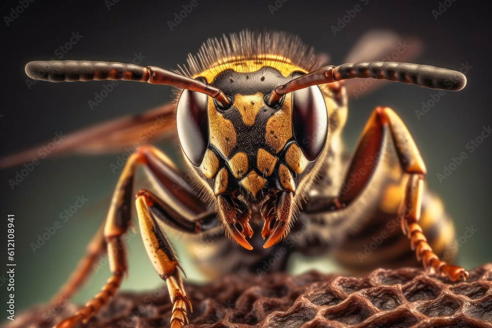 Wasp in an extreme close-up with intricate features like sharp ...
