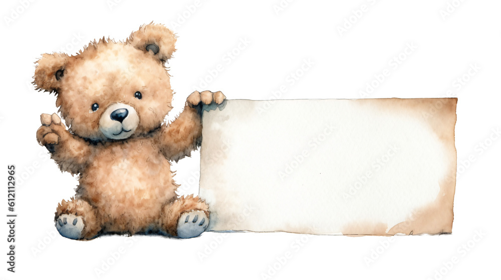 cute teddy bear holding a blank sign in watercolor design isolated on ...