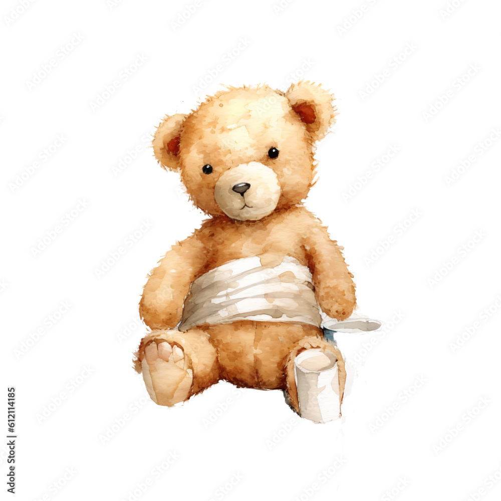 cute teddy bear with plaster in watercolor design isolated on ...