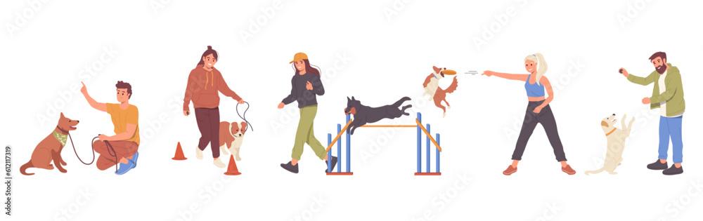 Set of happy people cartoon pet owners characters teaching, playing and ...