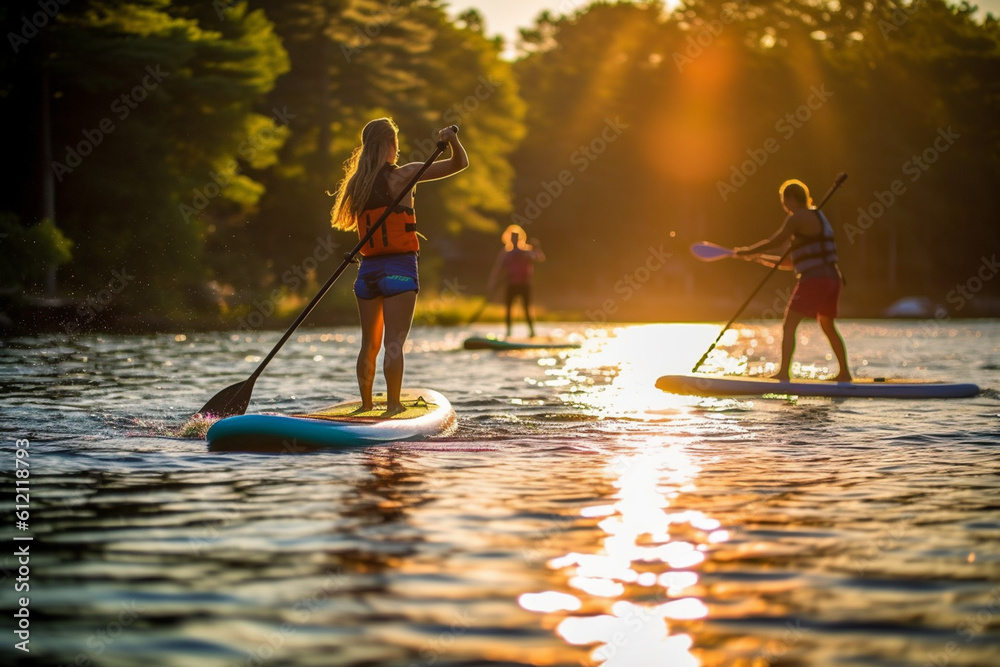 woman on the sup board at the lake, created with Generative AI Technology Stock Illustration ...