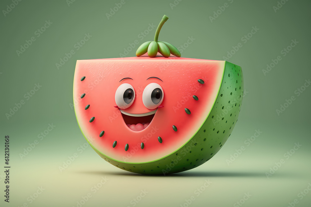 Cute watermelon slice 3d cartoon character. Ripe fruit with big eyes ...